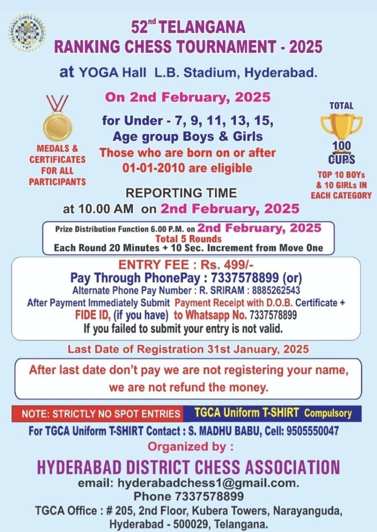52nd TELANGANA RANKING CHESS TOURNAMENT – 2025 - Telangana State Chess ...