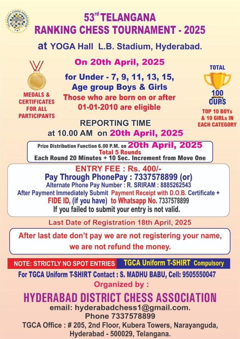 53rd TELANGANA RANKING CHESS TOURNAMENT – 2025 - Telangana State Chess Association L